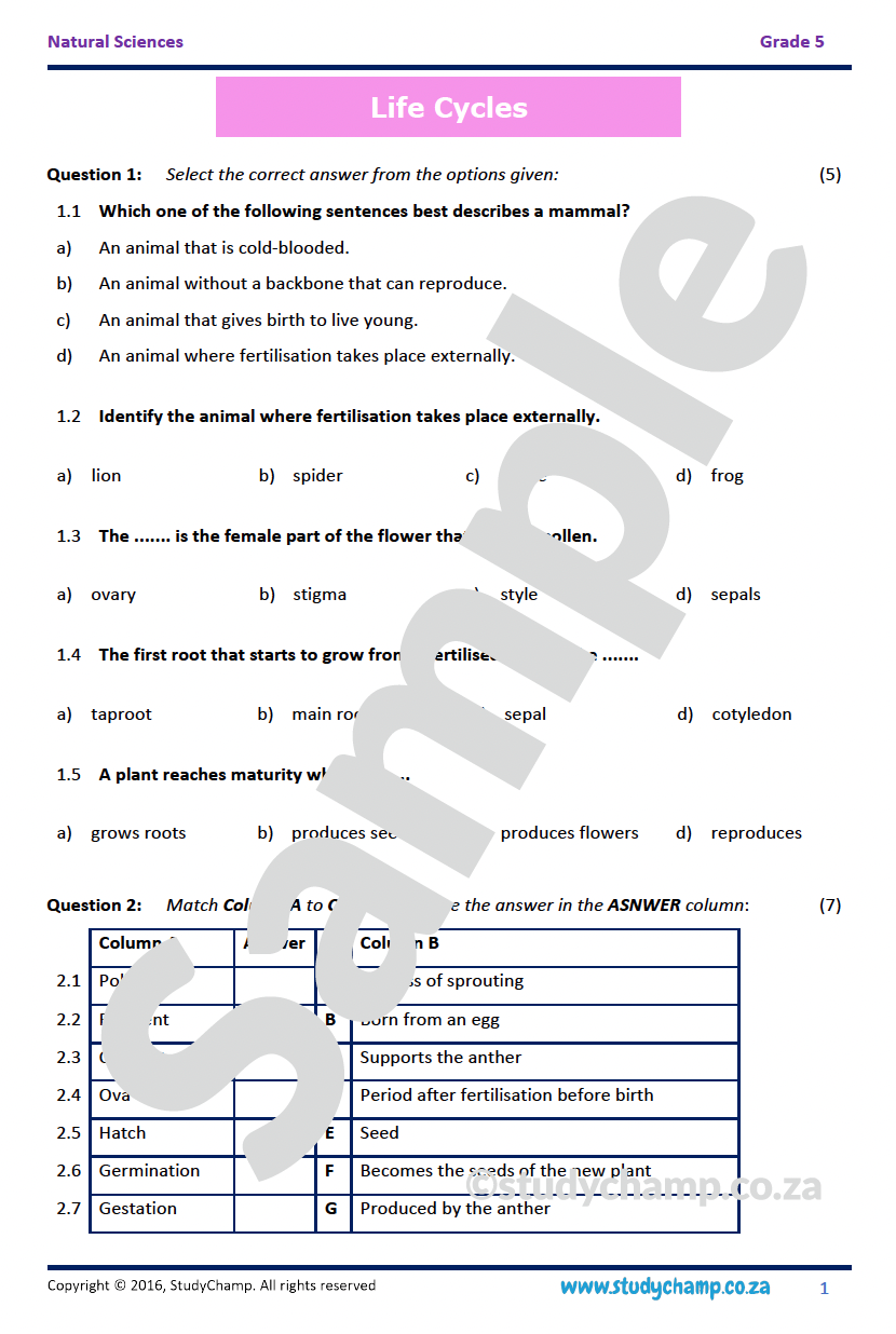 Grade 5 Natural Sciences Test: Life Cycles of plants and animals