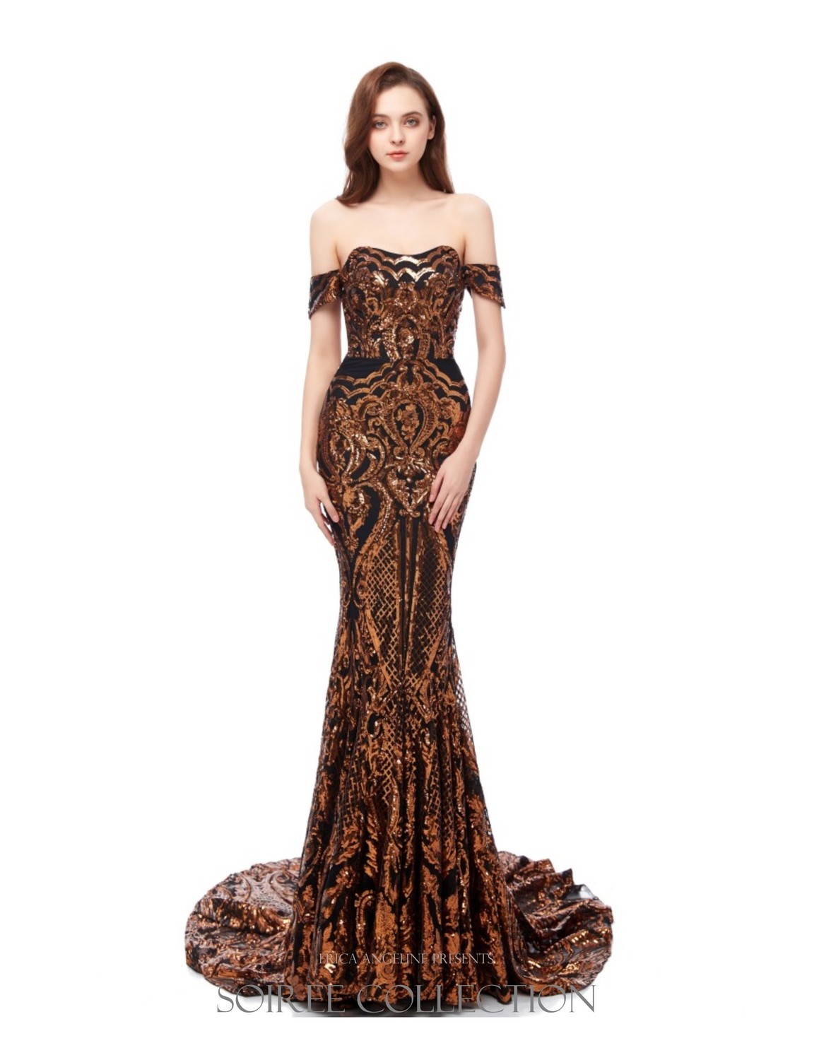 COPPER GOLD OFF SHOULDER SEQUINED DRESS