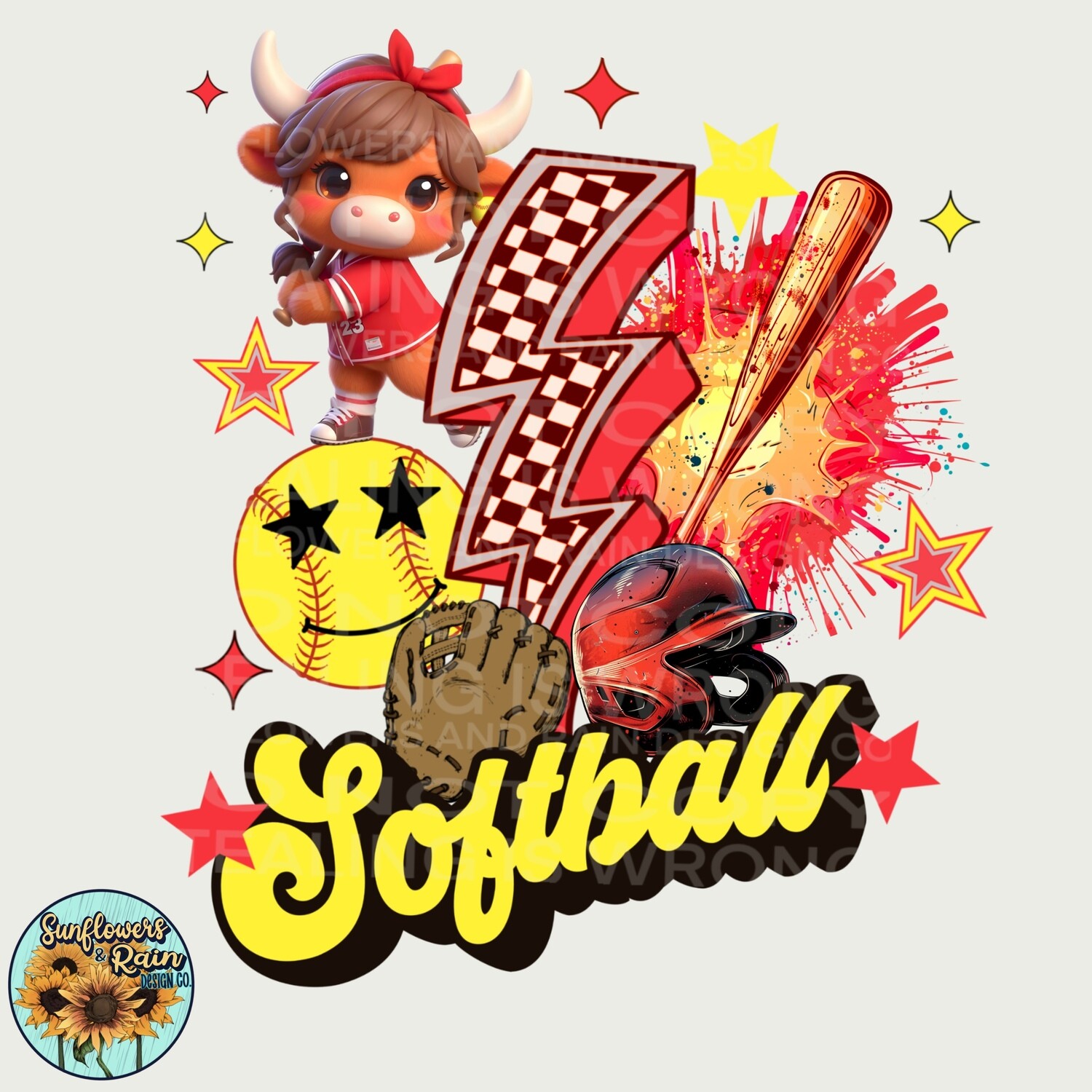 Softball Red Highland cow file digital download, Sublimation design.