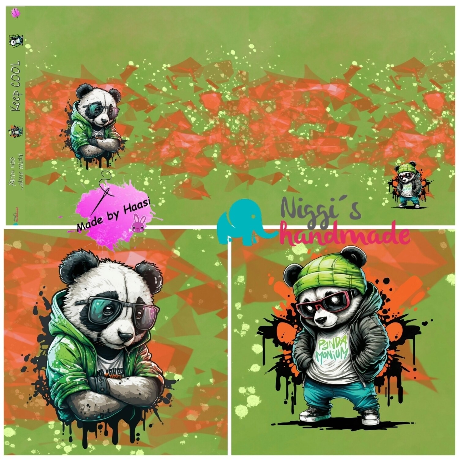 Panel Panda Grün Orange Bio French Terry