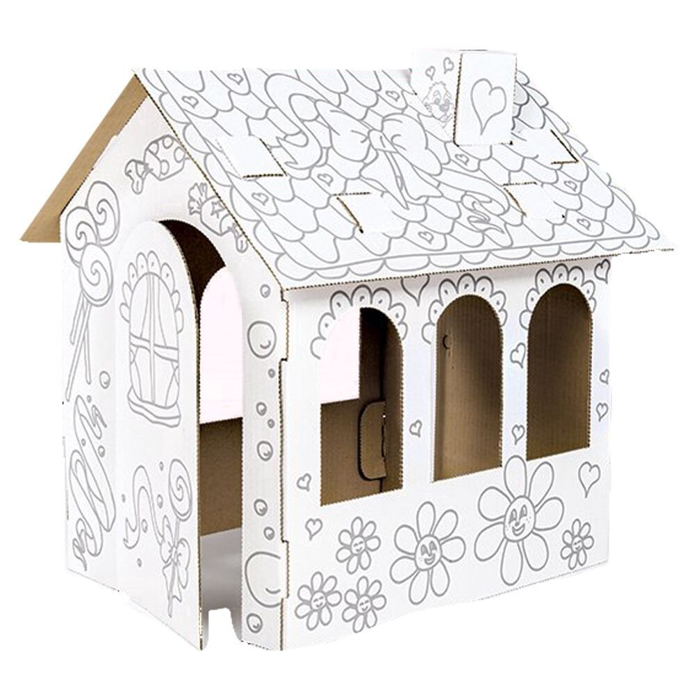 Haus mit großen Fenstern aus Karton Puppenhaus zum Ausmalen 42x35x42 cm