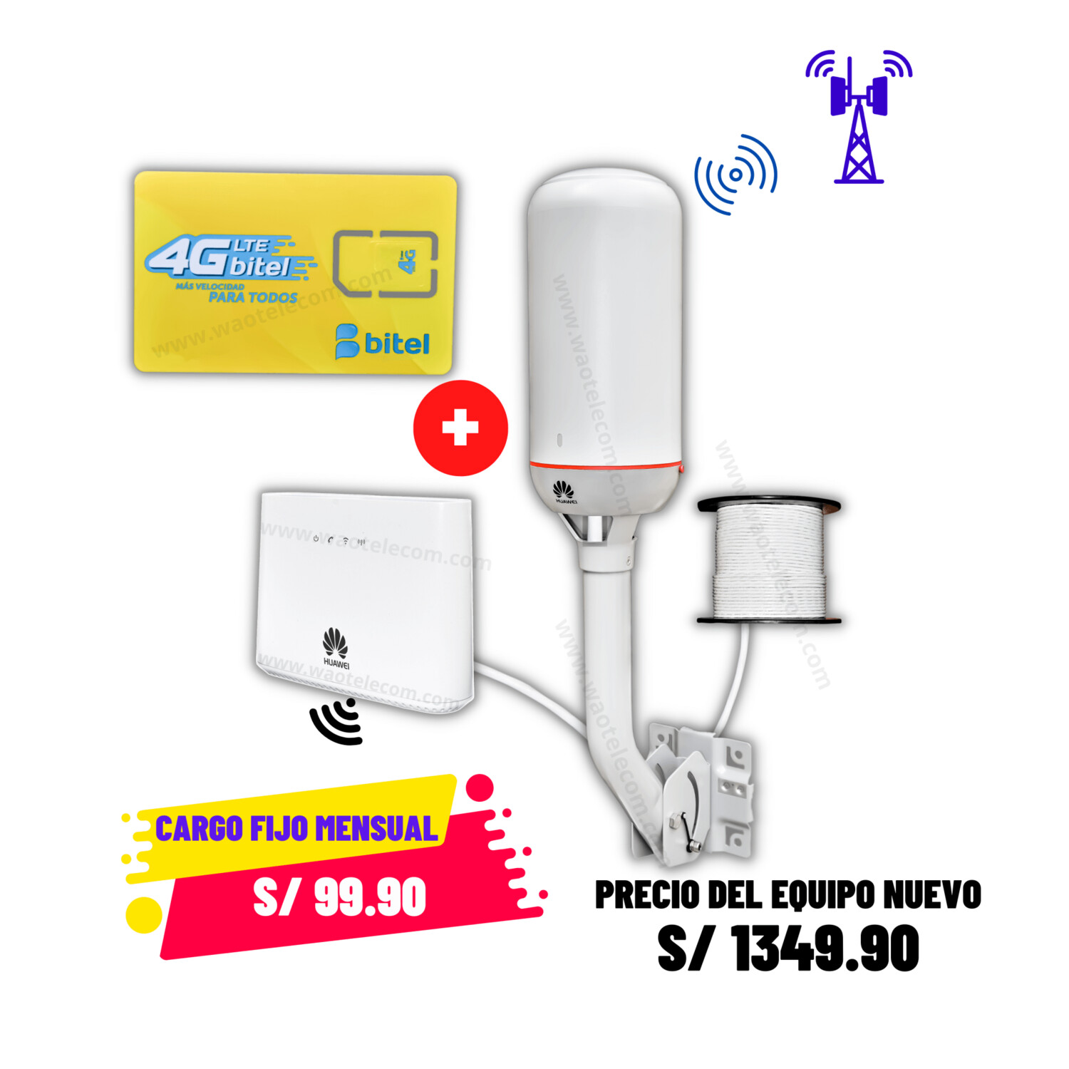Antena externa Huawei para zona Rural + Chip Bitel con internet ilimitado