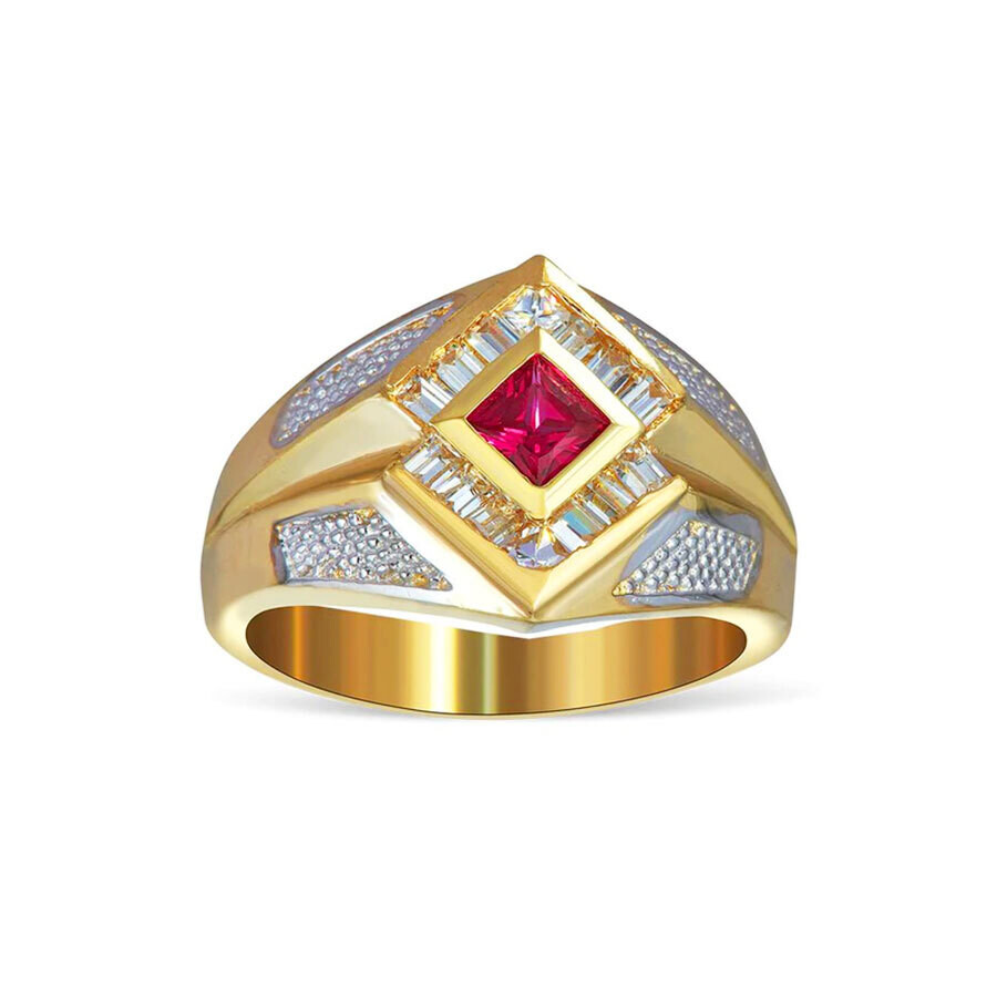 14k Yellow Gold Red-white CZ Men Ring Romboid Shape - Gemstone Rings: A ...
