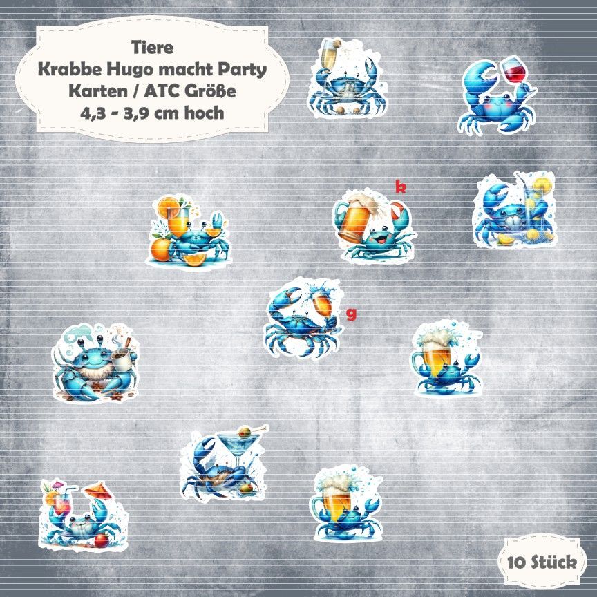 Krabbe Hugo macht Party - Karten / ATC Größe - 10 Stanzteile - Die Cuts