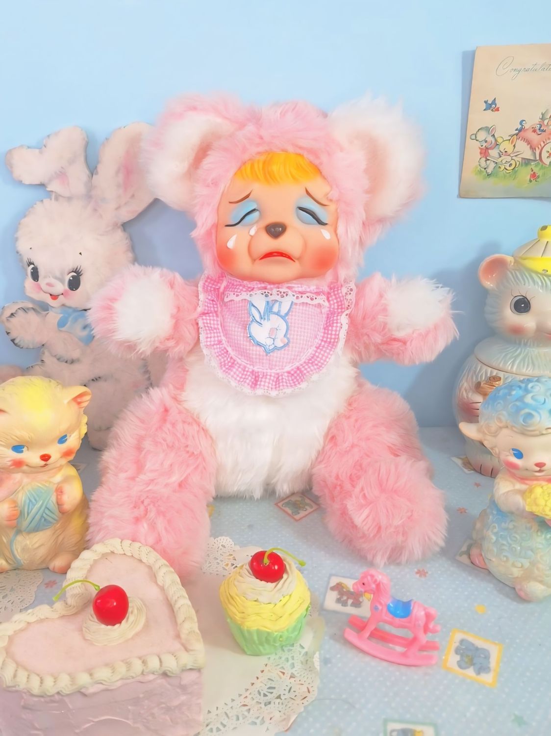 Pink Crying Bear with bib