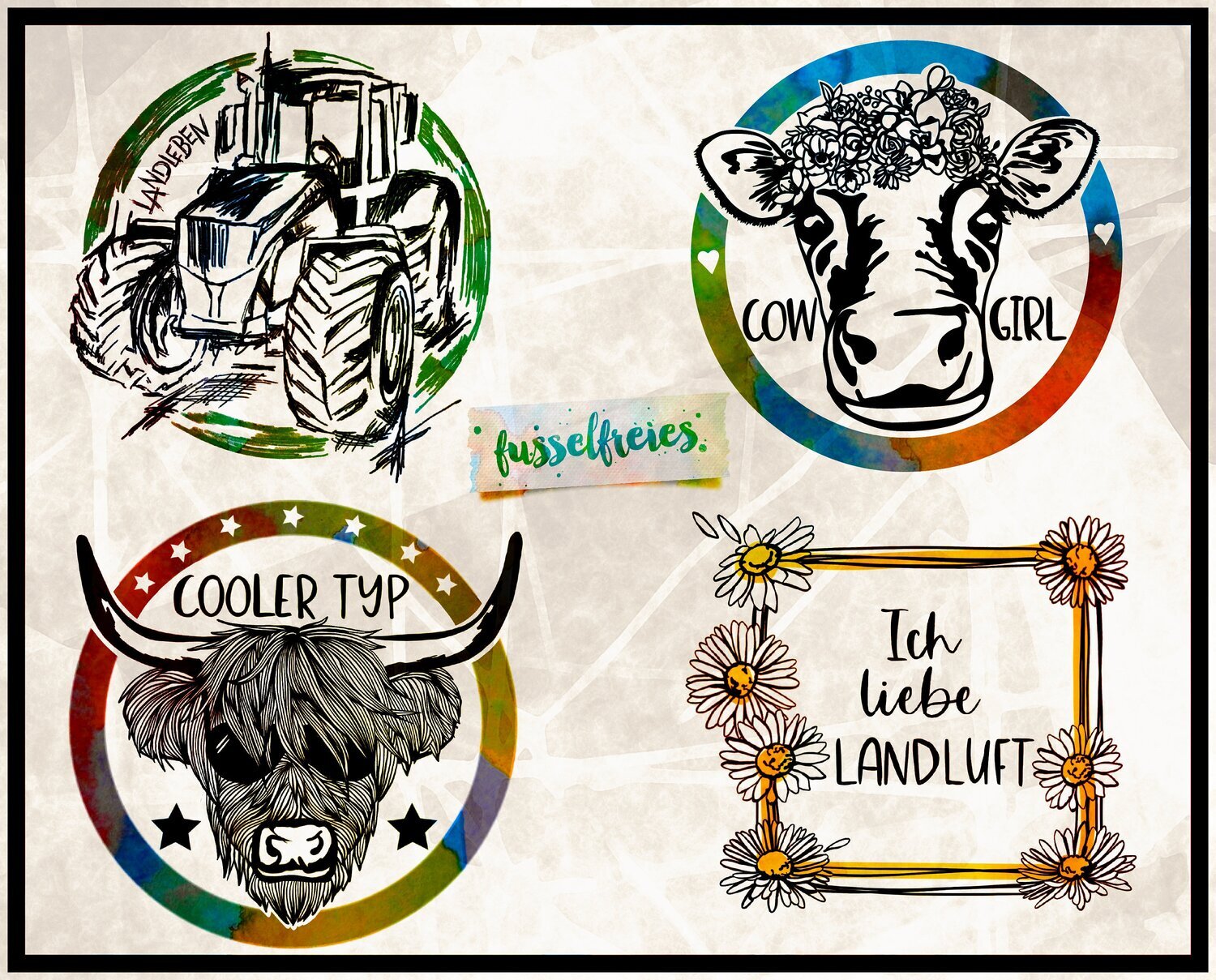 Landleben - Plotterdatei DXF SVG Plottervorlage Kuh, Traktor ...
