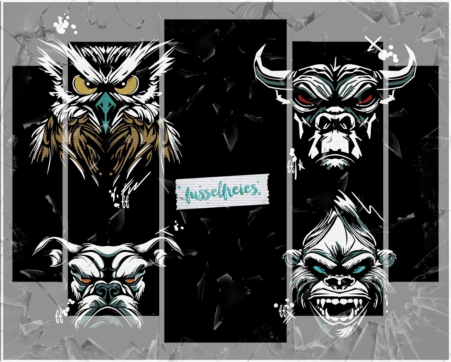 Angry Faces - Böse Blicke - Eule, Gorilla, Hund und Stier Plotterdatei DXF SVG von Fusselfreies