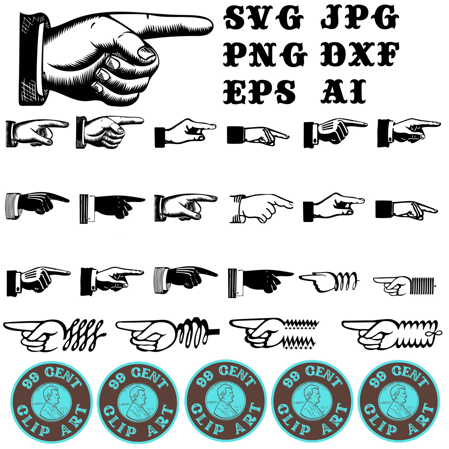 Vintage Pointing Hands SVG Clip Art – High-Resolution Instant Digital ...