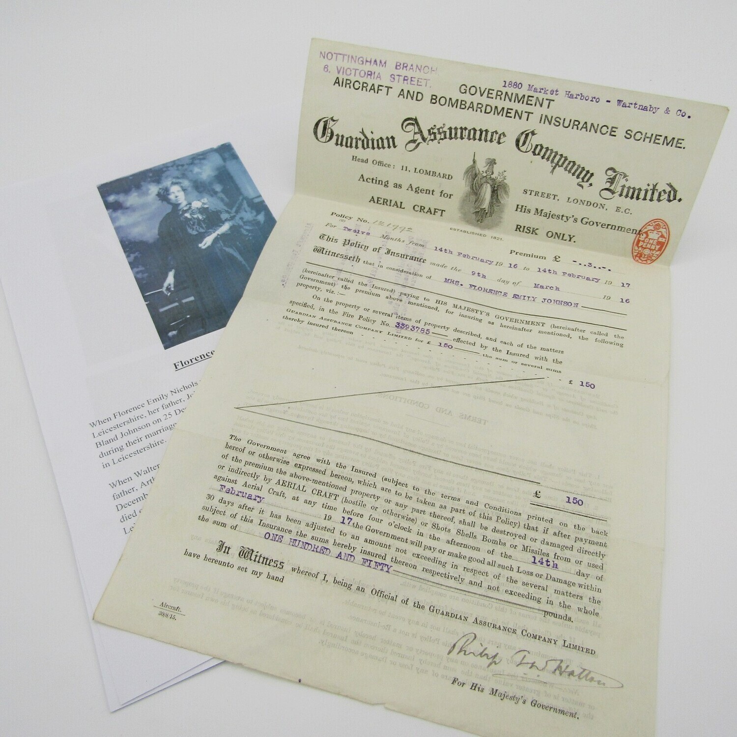 WW1 Government Aircraft Bombardment and insurance papers issued to Ms ...