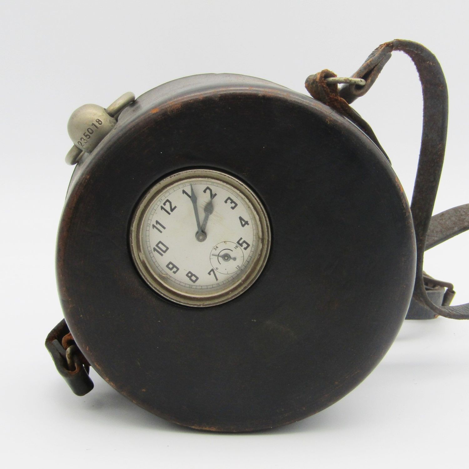 Vintage Night watchman guard clock in leather pouch - no keys - working