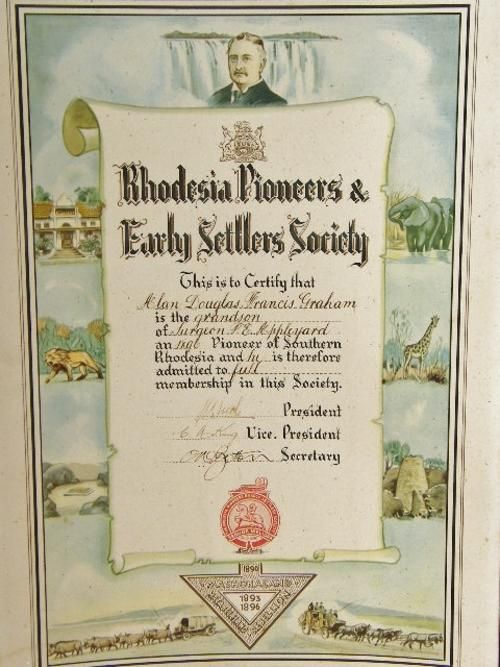 Rhodesia Pioneers and early settlers society member certificate to Alan ...