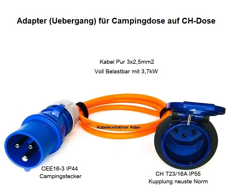 Campingkabel - Uebergang - Stromadapter CEE16-3 Pur 3x2,5mm2 auf ...