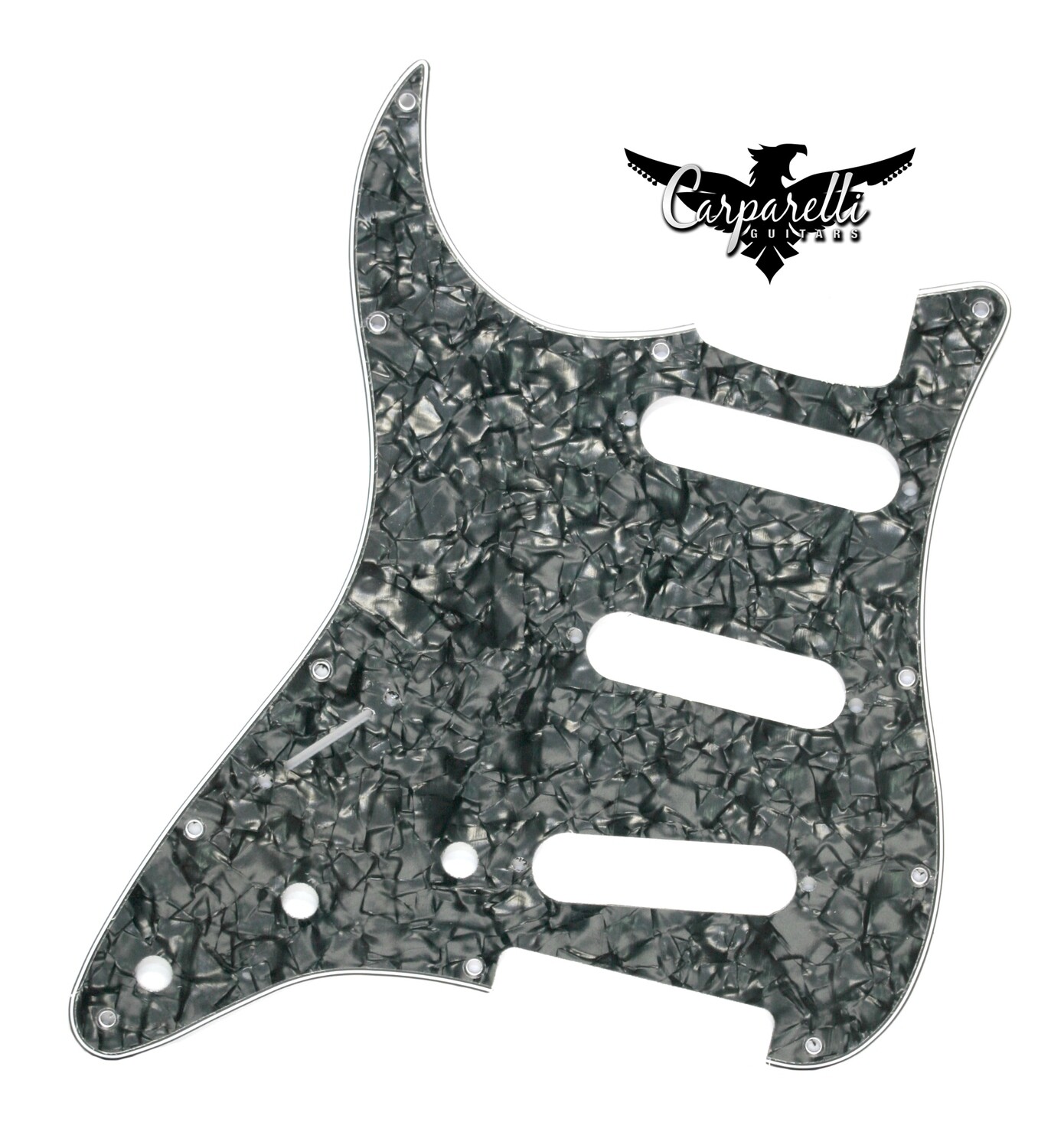 LEFT HAND Brio SSS Strat® Pickguard 11 Holes 4 Ply Black Pearloid