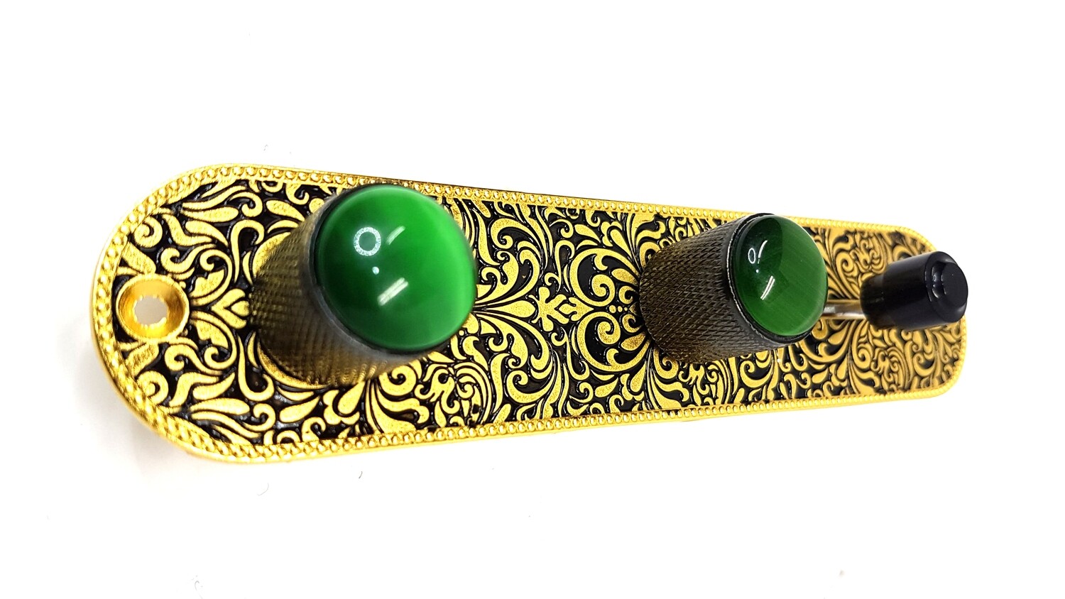 Brio Metal Engraved Tele Control Plate Gold on Black -Black Knobs Green Gem