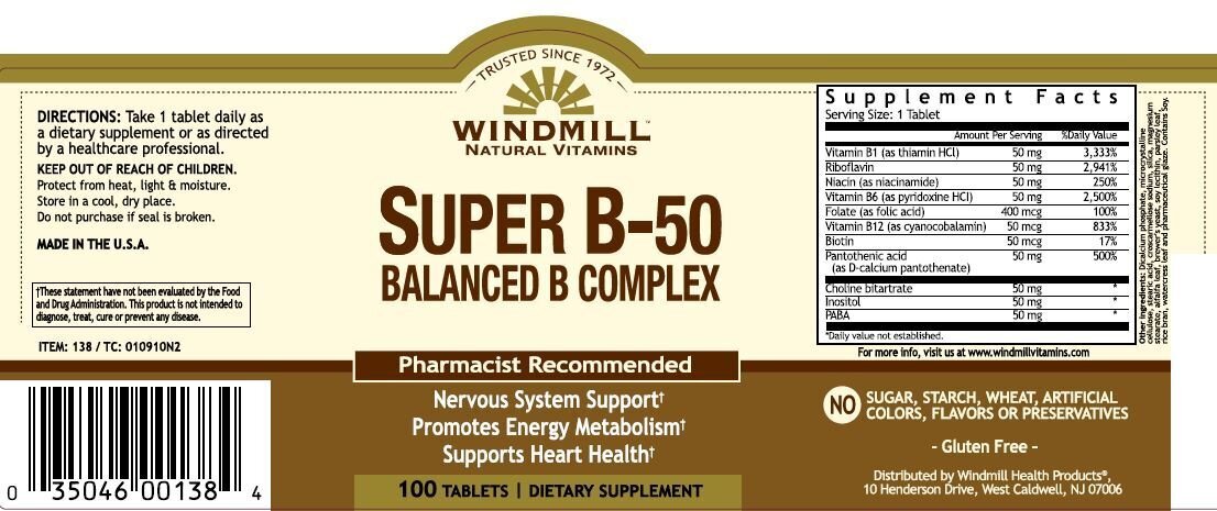 Super B50 Balanced B Complex Vitamin Tablets 100ct