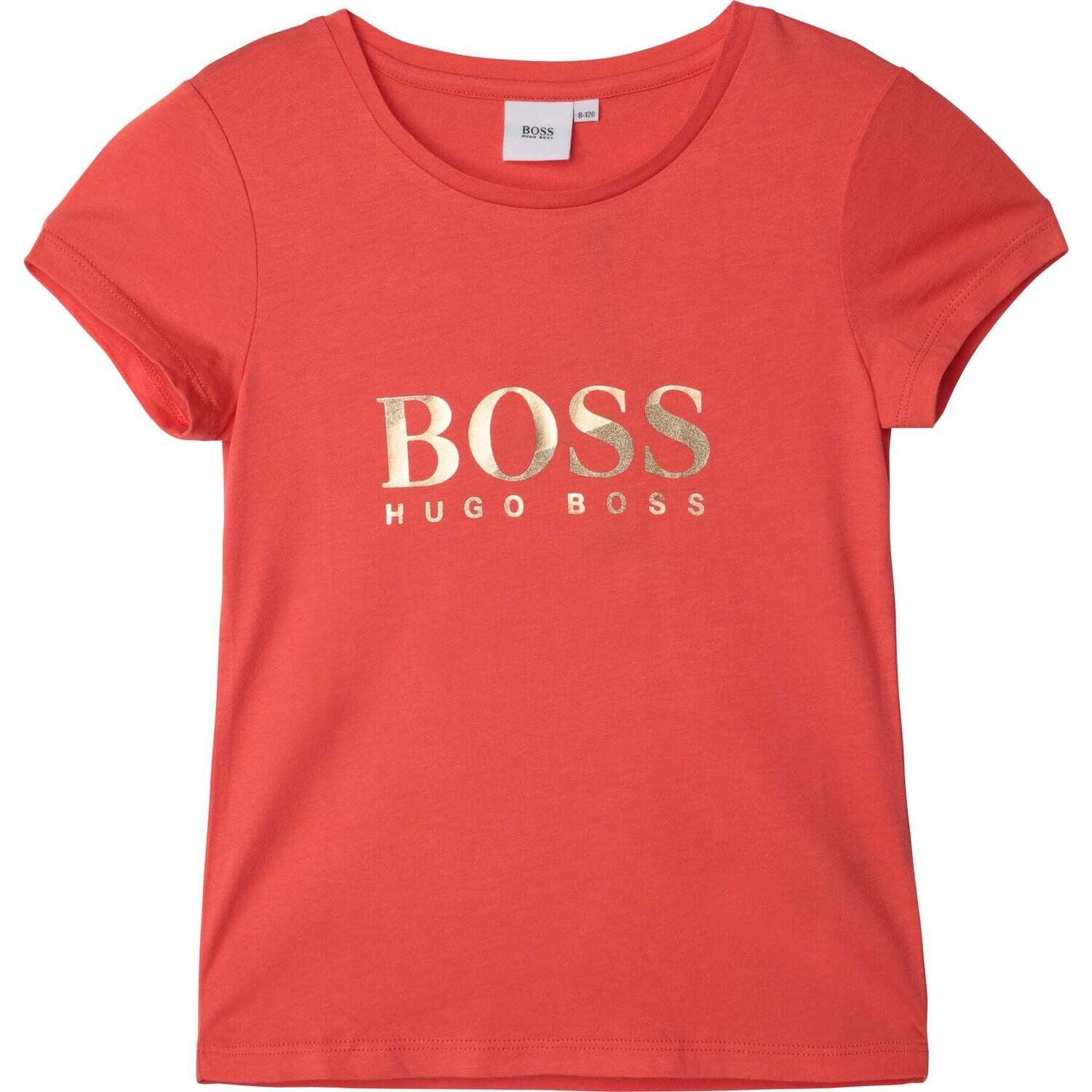 Hugo Boss Girls Coral short sleeve tee with gold and glitter logo ...
