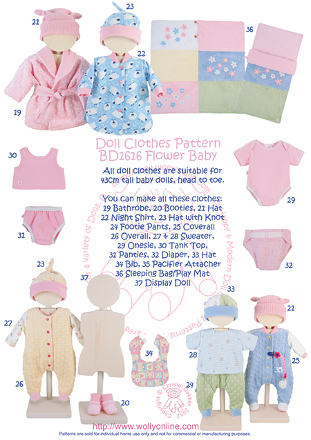 Baby Doll Sewing Pattern with Bathrobe, Diaper, Overall