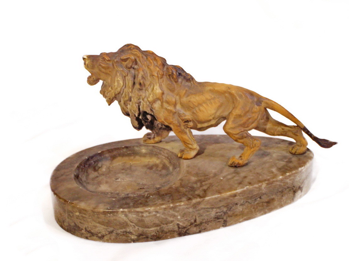 Art Deco Polychromed Lion on Marble Dresser Tray