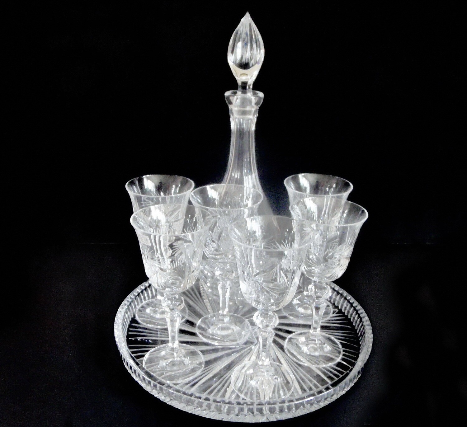 Crystal Barware Tray, Decanter, Glasses, Coasters
