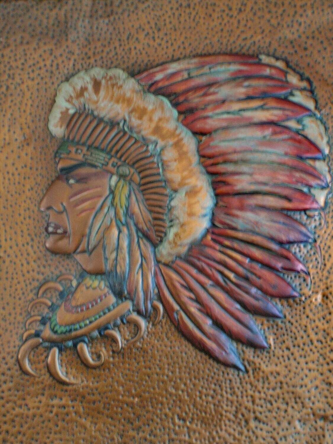 Vintage Copper Indian Chief Bas Relief Framed Wall Art