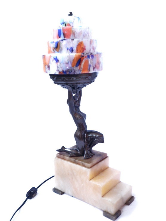 Art Deco 1920s Flapper Table Lamp Czech Spatter Glass Skyscraper Shade