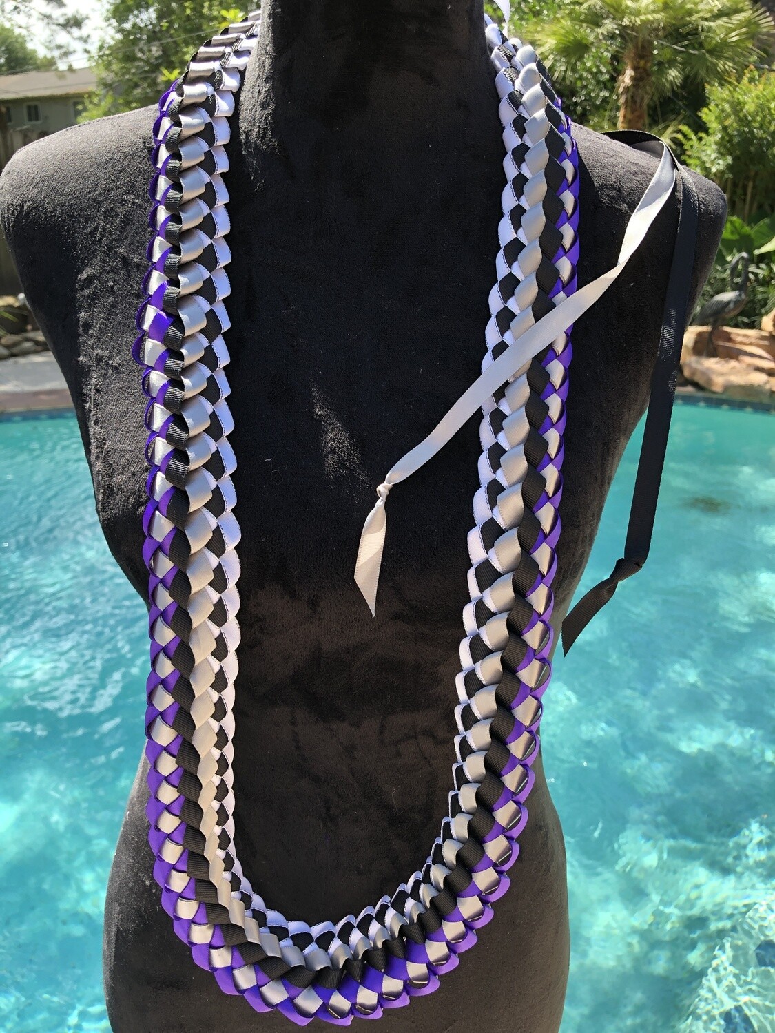 Purple, Black, Silver and White Satin Graduation Lei