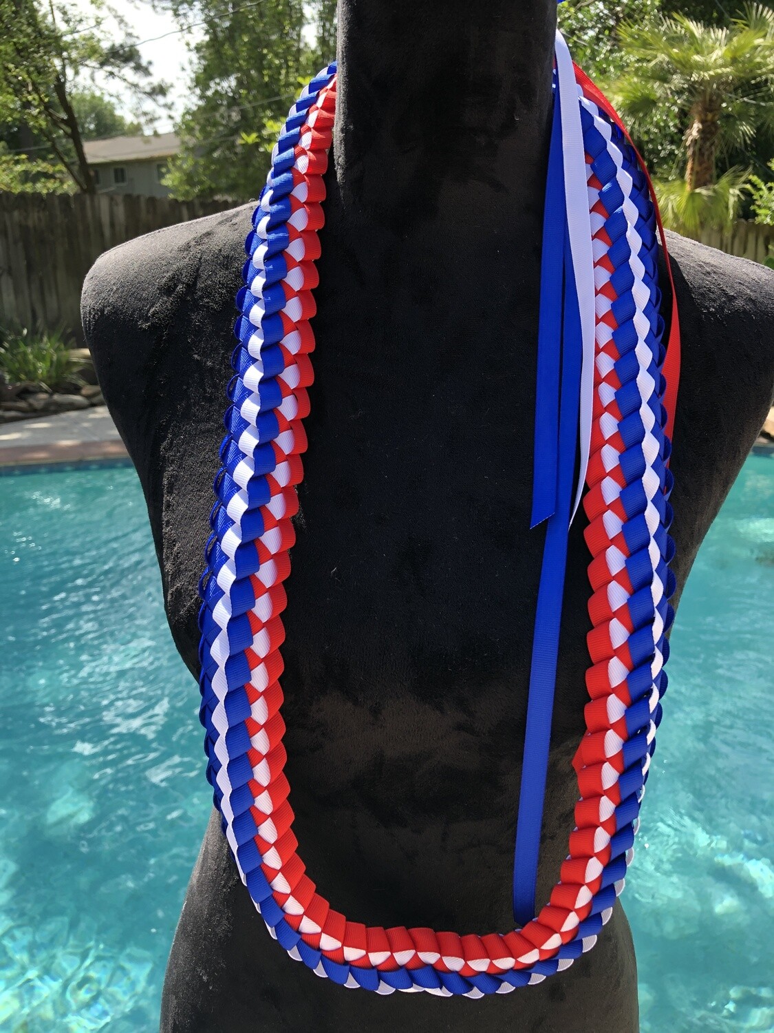 Royal Blue, Red and White Satin Graduation Lei