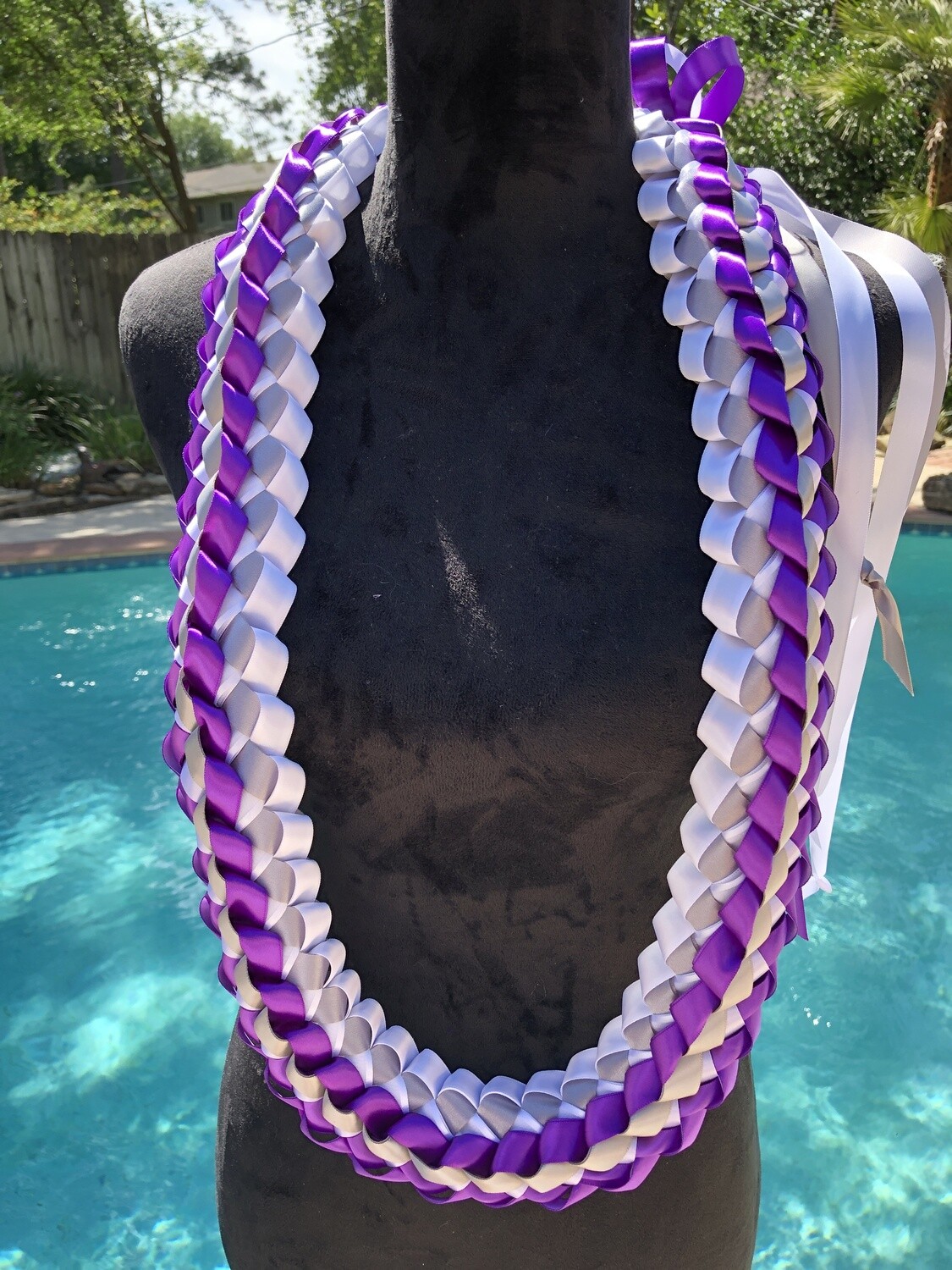 Purple, Silver and White Satin Graduation Lei