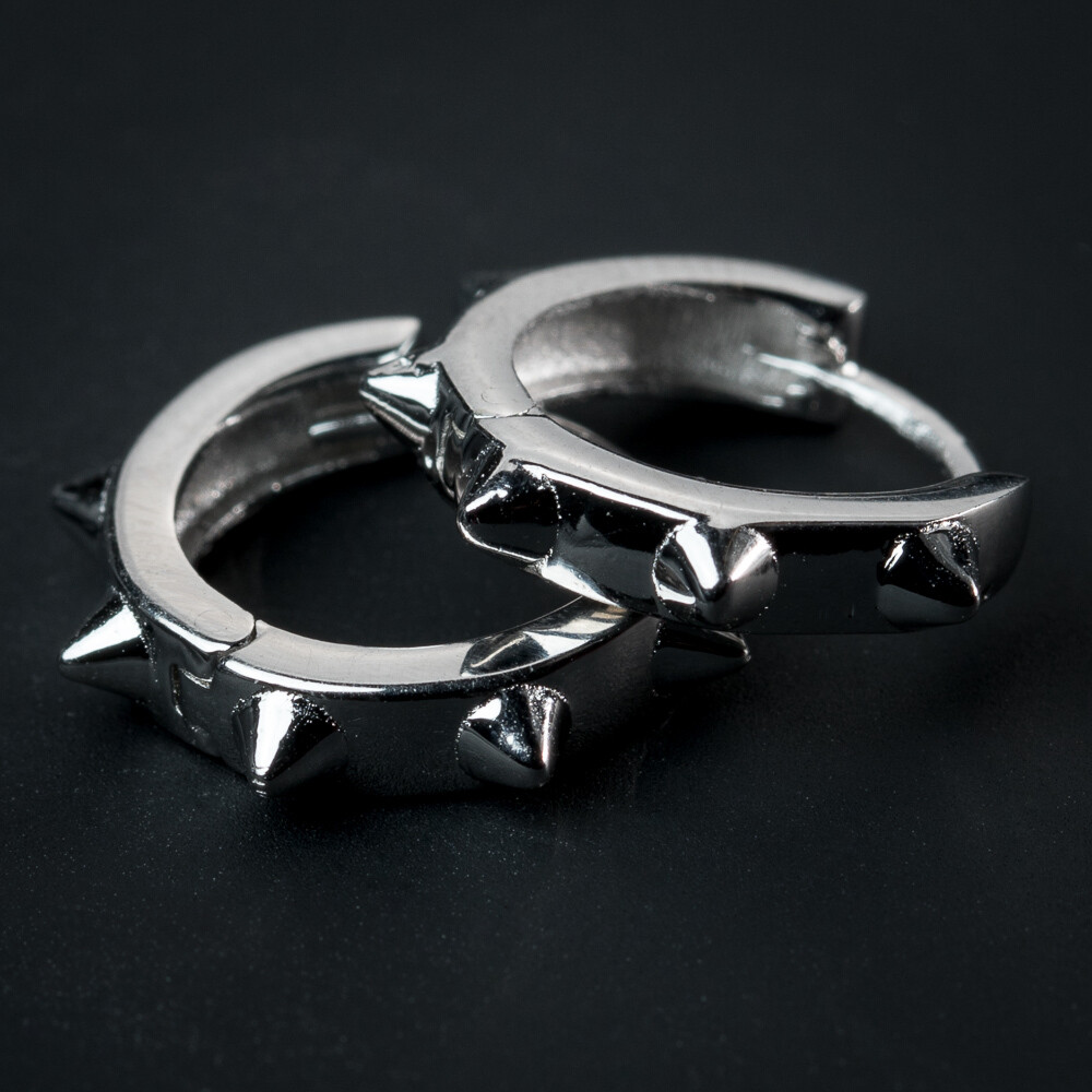 Mens Solid Sterling Silver Small Spike Hoop Earrings