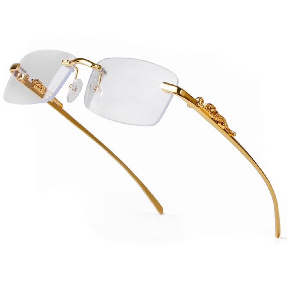 Men's Gold Frame Leopard Arm Hip Hop Clear Lens Retro Rimless Eye Glasses