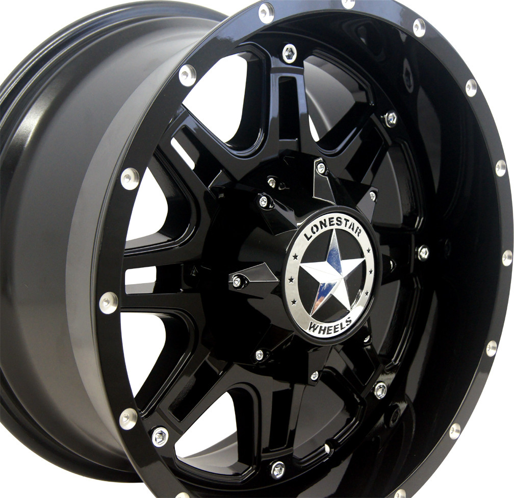 18x9 Gloss Black Lonestar Outlaw Wheels (4), 8x180mm, Chevy 2500