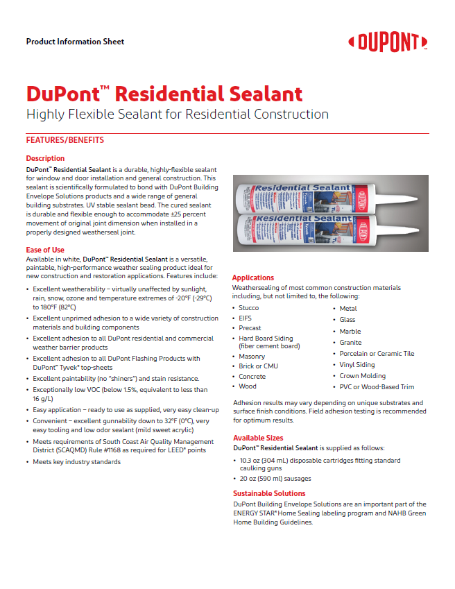 Store - Parksite » 43-D100724 DuPont Residential Sealant Info Sheet - Tyvek
