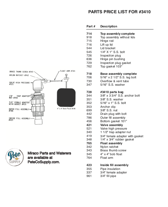 Miraco 3410 Hog Waterer parts list