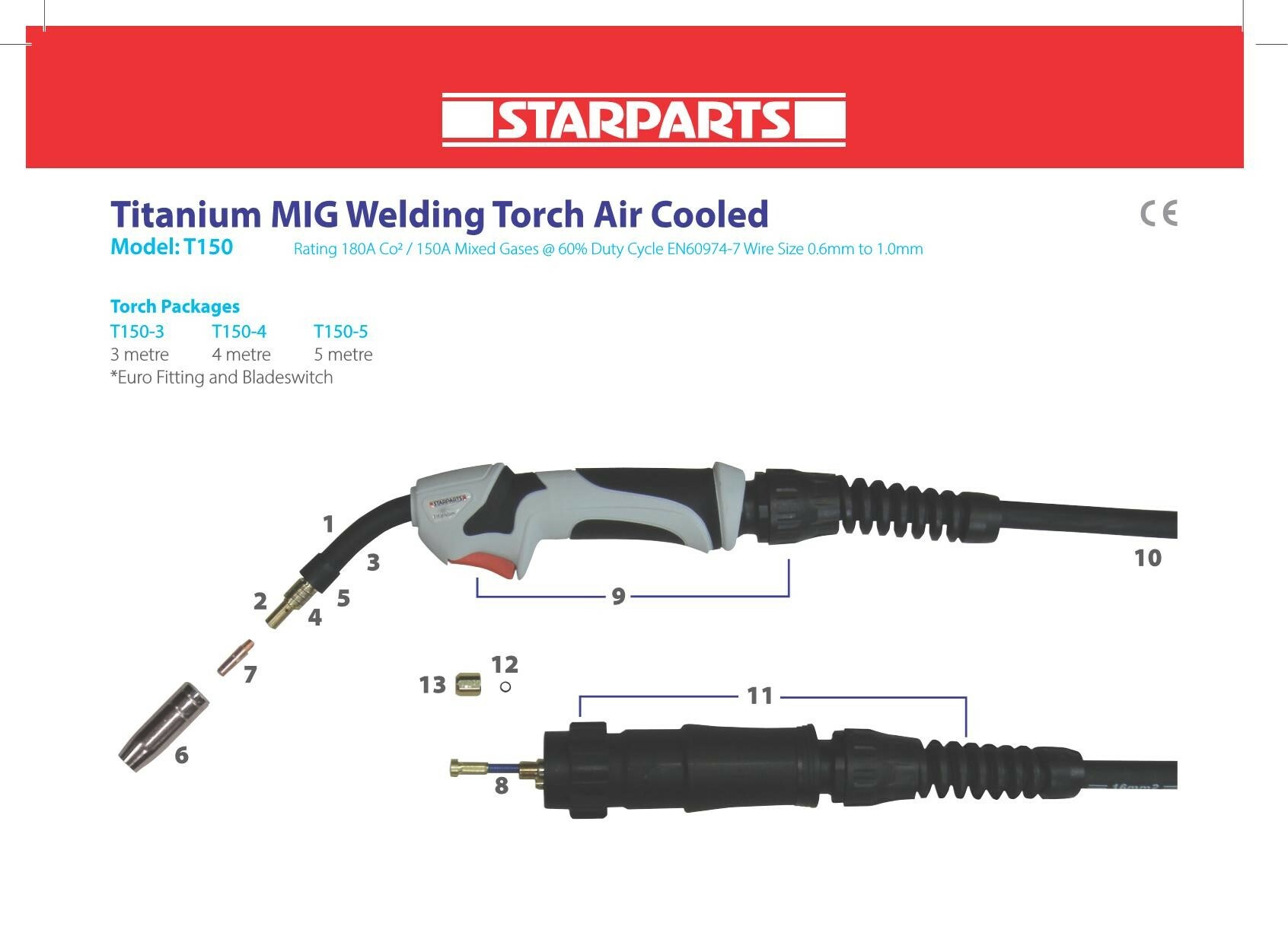 Starparts T Series Titanium Air Cooled Mig Torch (Euro Fitting)