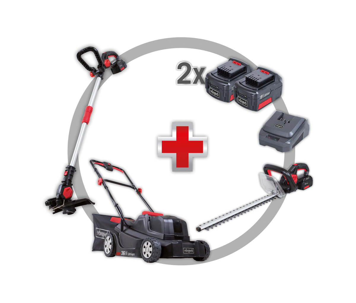 Scheppach GS18-3Li 16″ Lawn Mower + Line Trimmer + Hedge Trimmer 18v Li ...