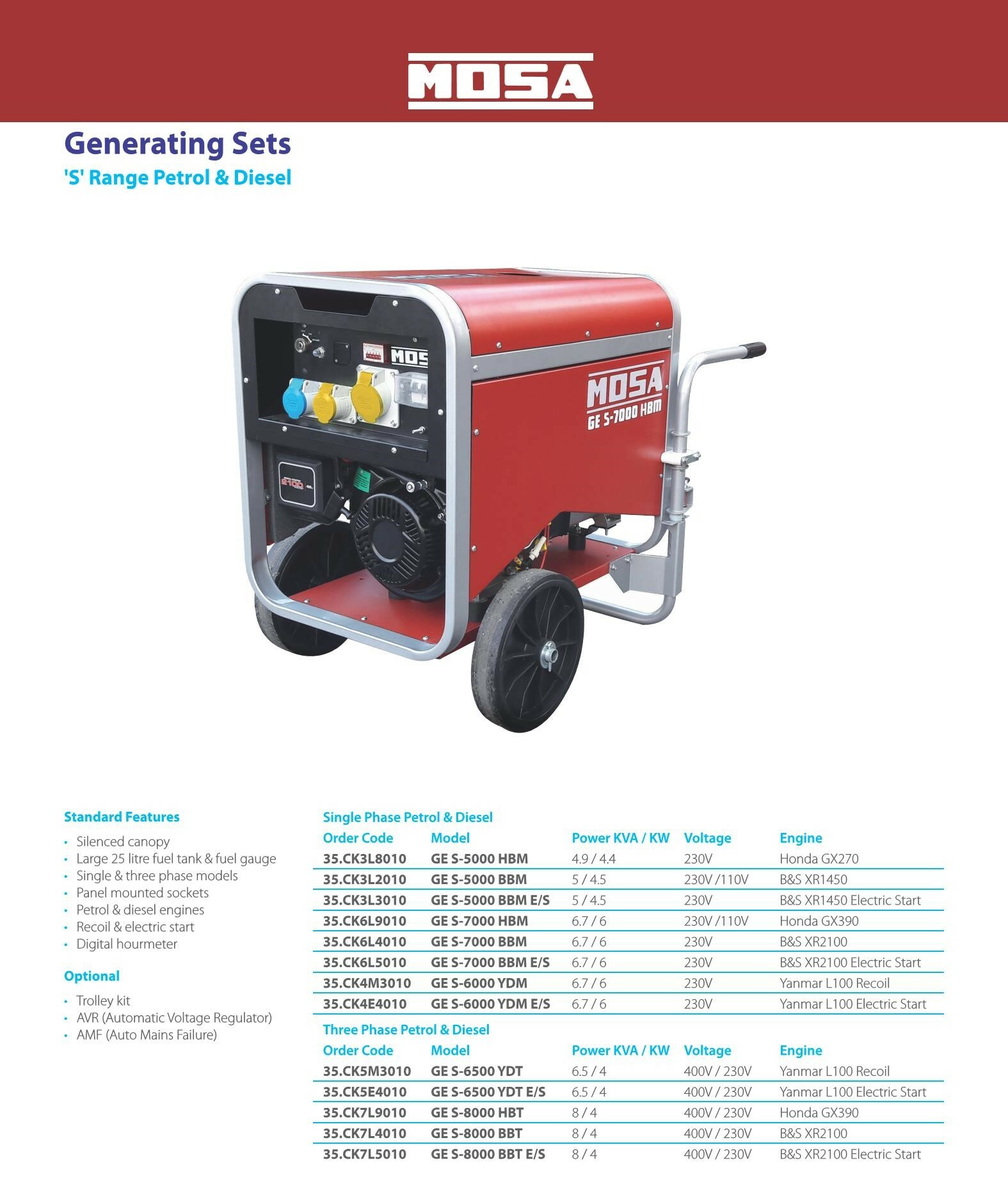 MOSA GES-7000 HBM Petrol Generator 230V/110V 6.7kVA (6.0kW) Silenced ...