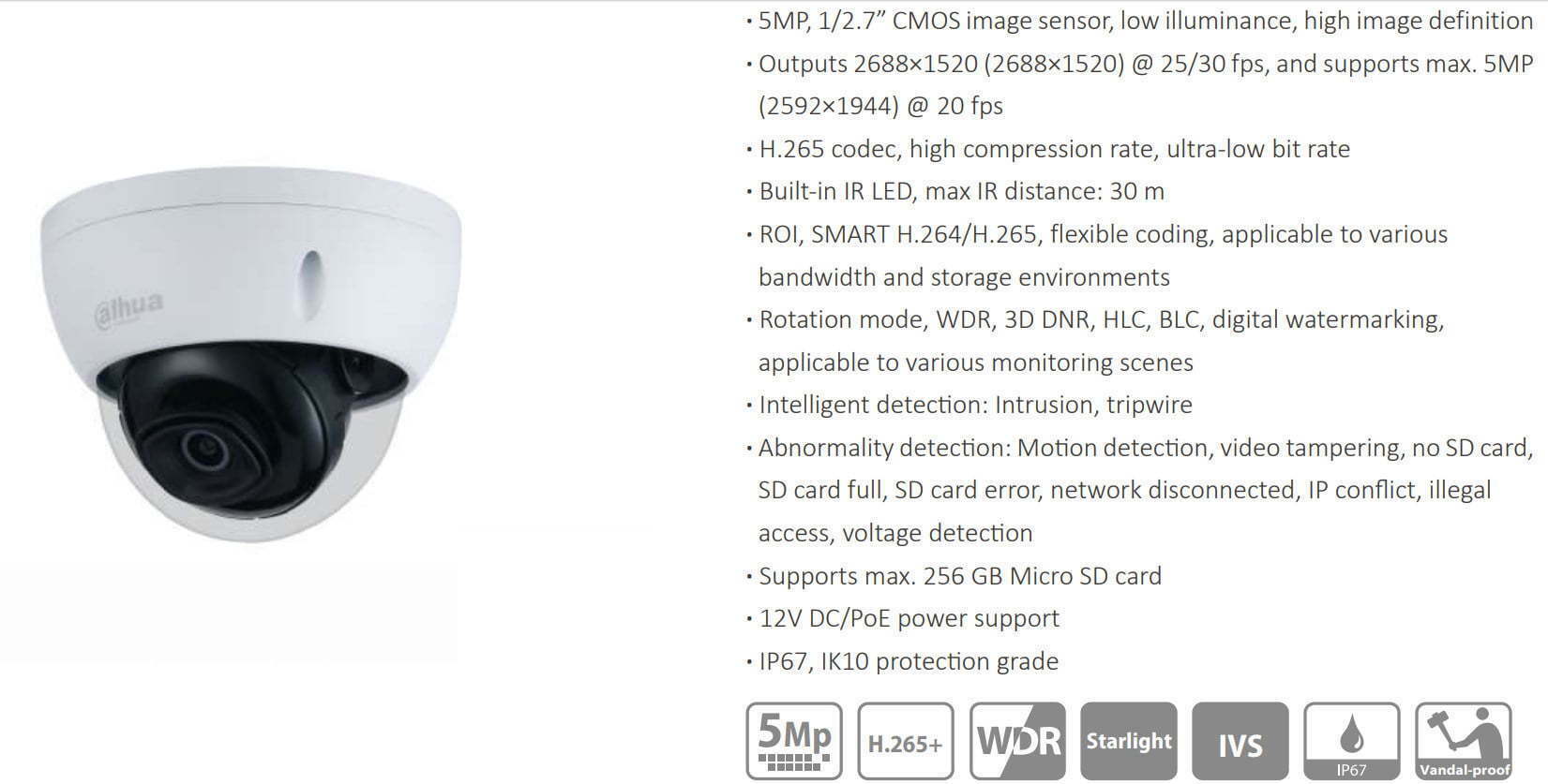 DAHUA IPC-HDBW2531E-S-S2 Camara IP Domo de 5 Megapixeles Antivandalica/ Lente de 2.8mm/ H.265 ...