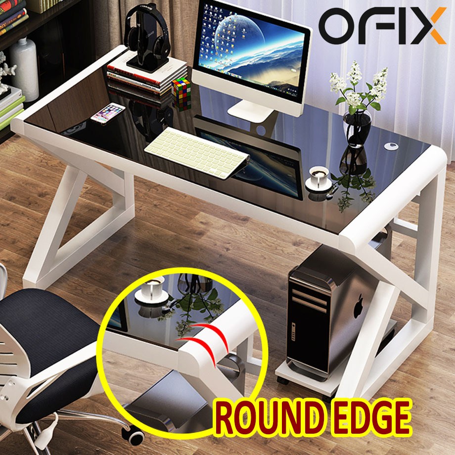 Ofix 601 (120x60) Glass Top Computer Desk (White, Black, Blue, Pink)