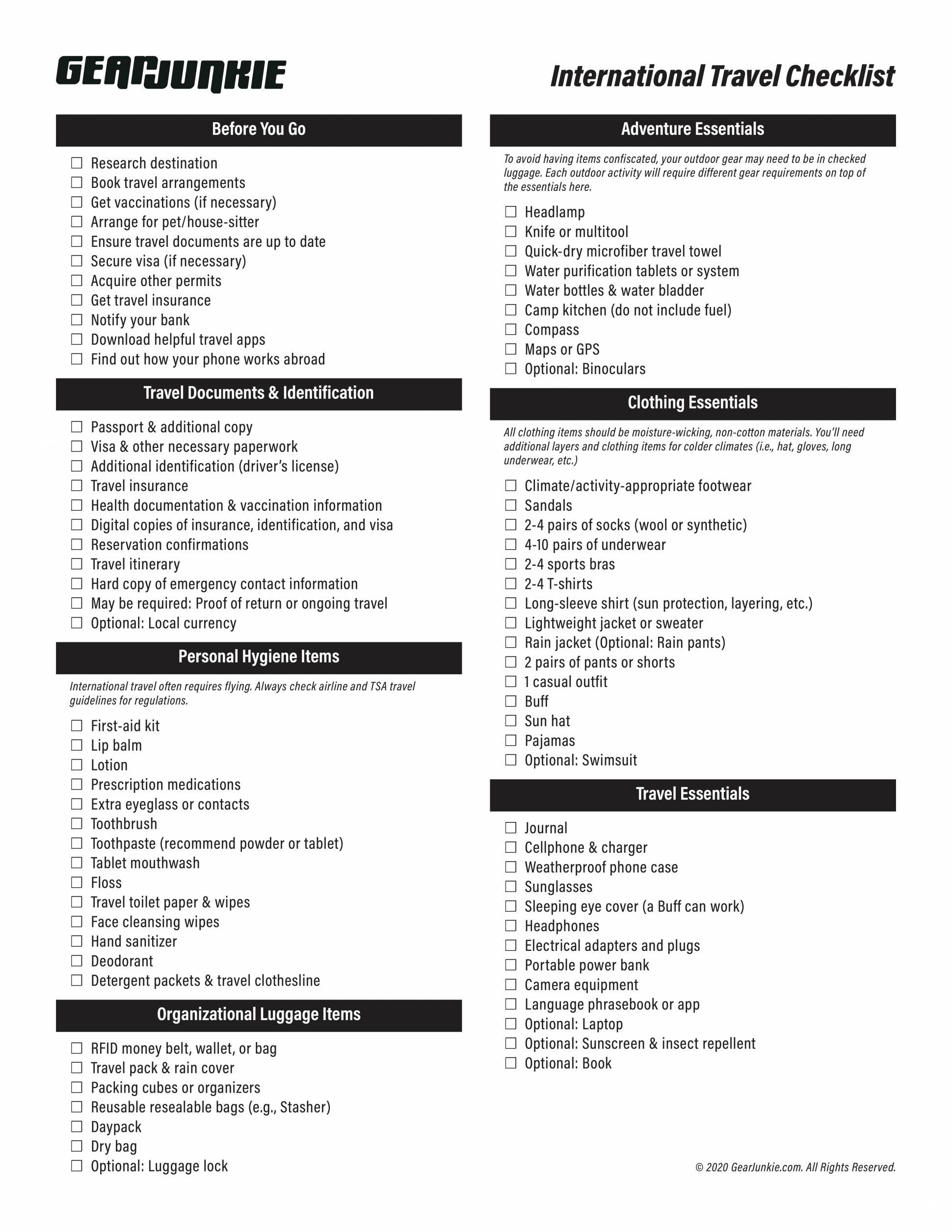 International Travel Checklist: Adventure Essentials