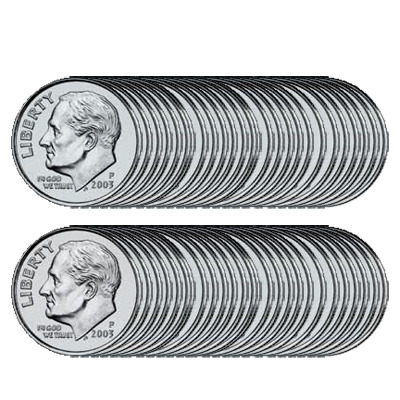 U.S. Dimes, ungimmicked roll of 50 coins ROLL