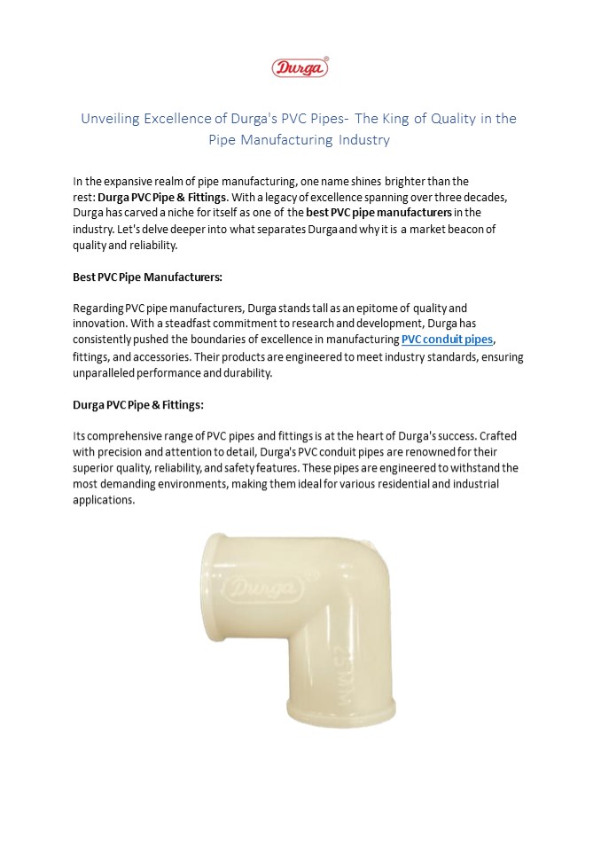 Unveiling Excellence of Durga's PVC Pipes - The King of Quality in the ...