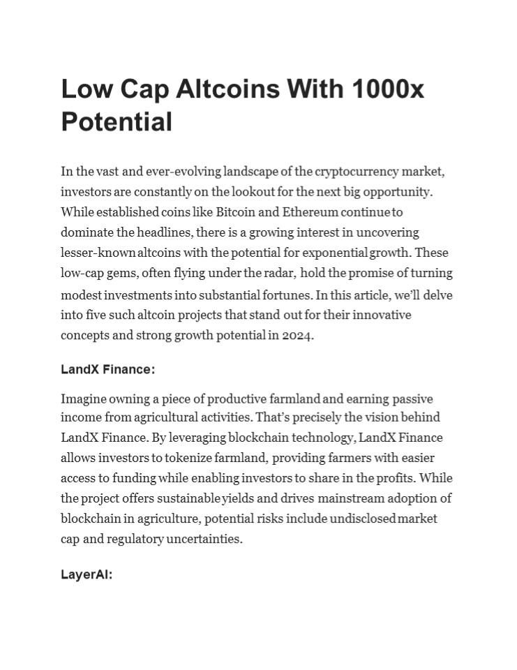 Low Cap Altcoins With 1000x Potential In 2024 presentation | free to download