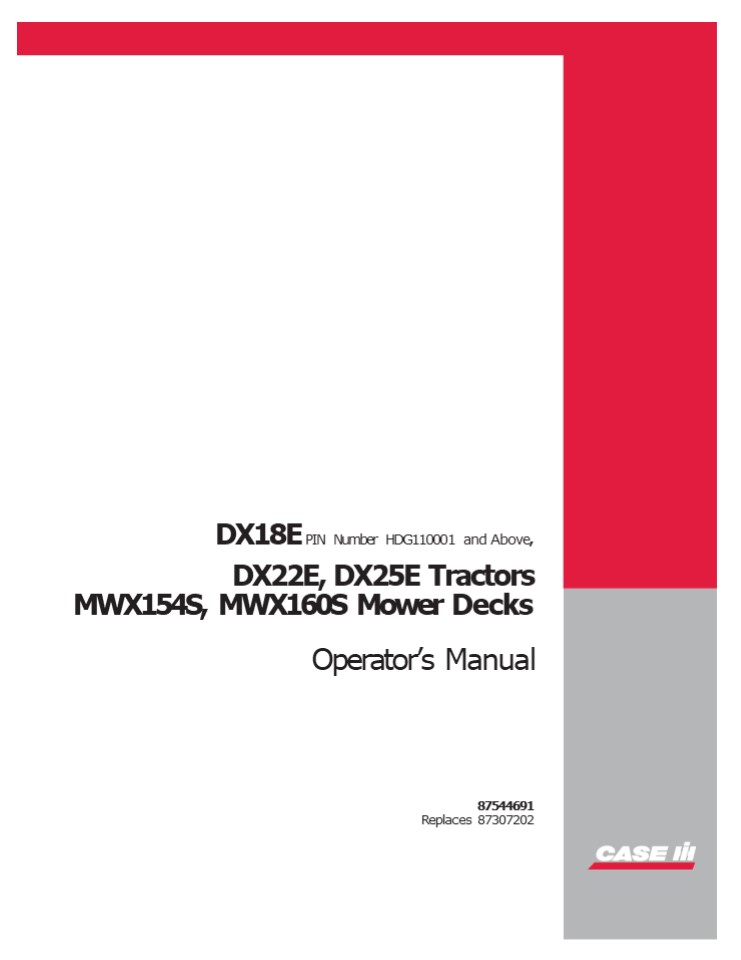 Case IH DX18E DX22E DX25E Tractors MWX154S MWX160S Mower Decks (Pin ...