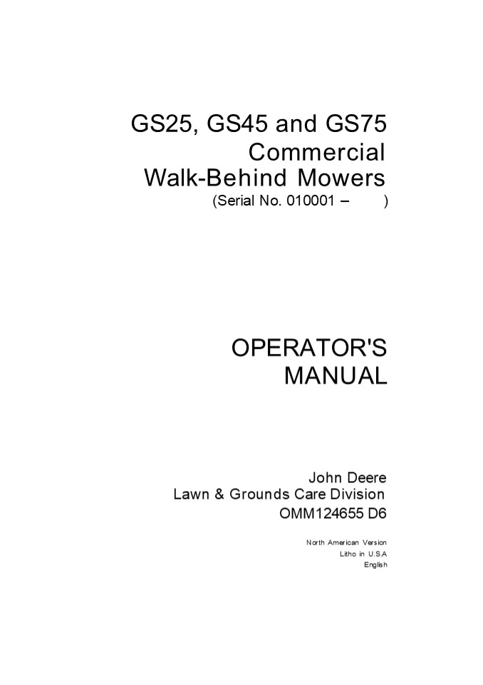 John Deere GS25 GS45 and GS75 Commercial Walk-Behind Mowers Operator’s ...