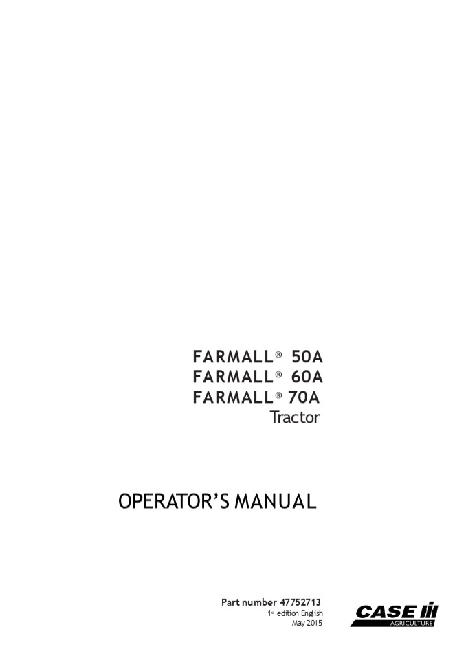 Case IH Farmall 50A Farmall 60A Farmall 70A Tractor Operator’s Manual ...