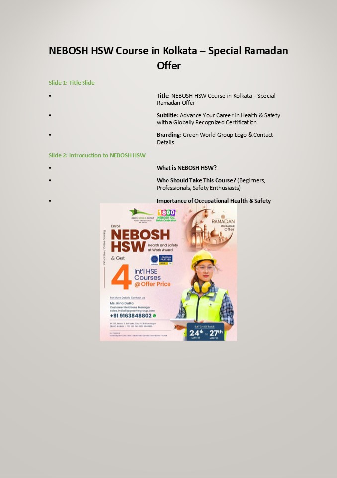 NEBOSH HSW Course in Kolkata Ramadan Offer Green World Group presentation | free to download