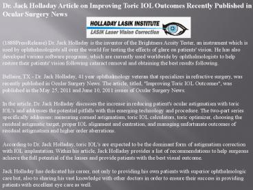 Dr. Jack Holladay Article on Improving Toric IOL Outcomes Recently ...