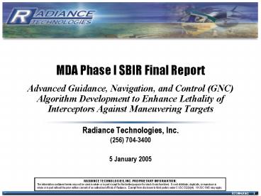 MDA Phase I SBIR Final Report Advanced Guidance, Navigation, and Control (GNC) Algorithm ...