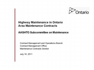 Highway Maintenance in Ontario Area Maintenance Contracts AASHTO ...