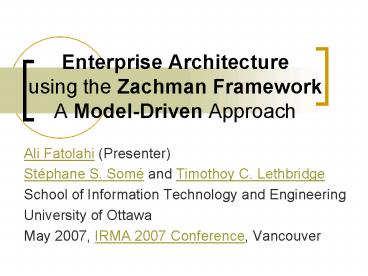 Enterprise Architecture using the Zachman Framework A Model-Driven ...